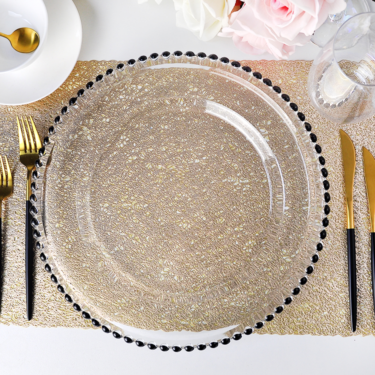 China Factory Wholesale 13 Inch Clear Goldsilverrose Goldblackwhite Beaded Glass Charger